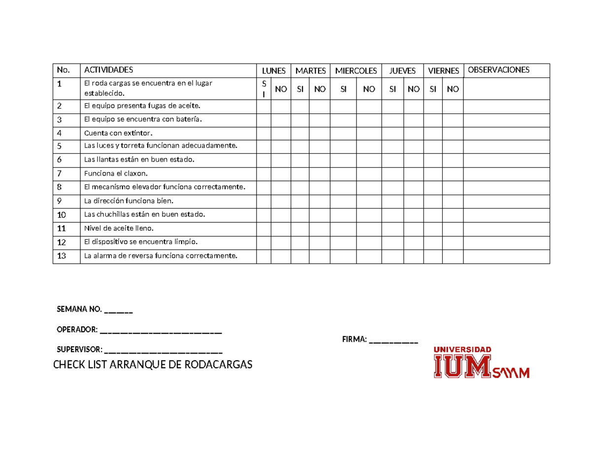 Checklist de Arranque para Rodacargas - Revisión Semanal - Studocu