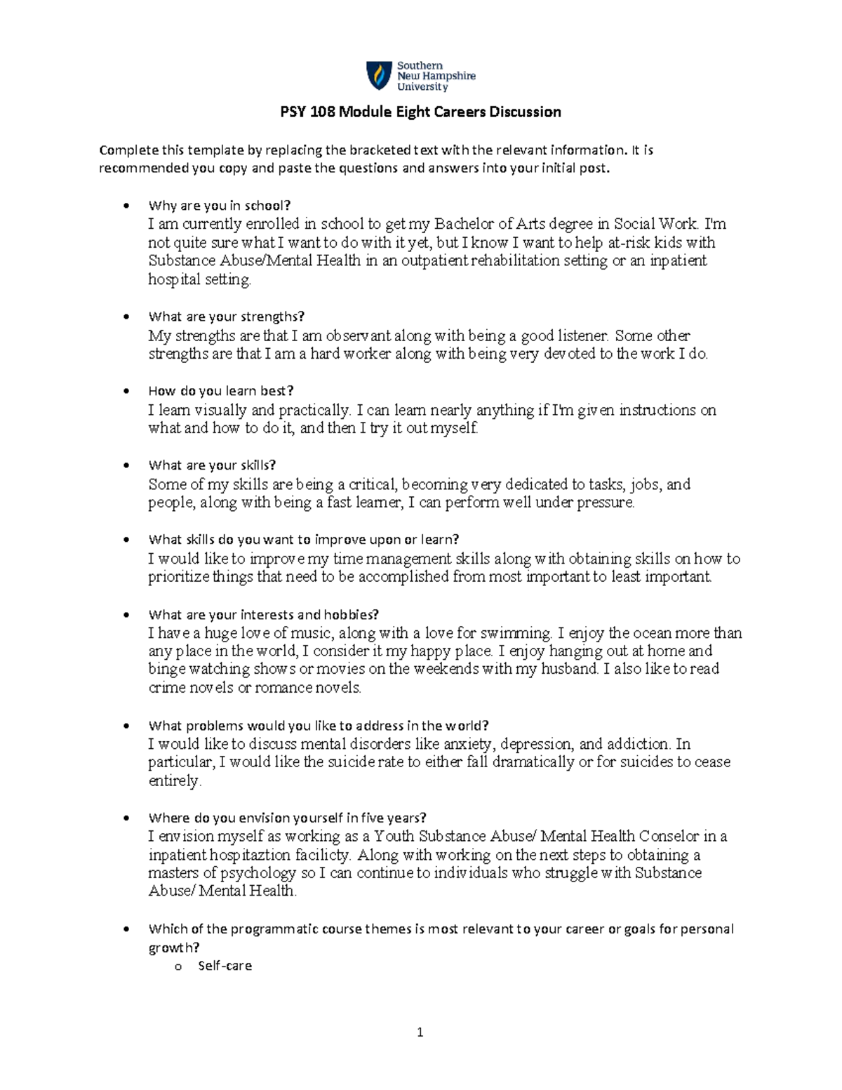PSY 108 Module 8 Careers Discussion: Personal Growth & Goals - Studocu