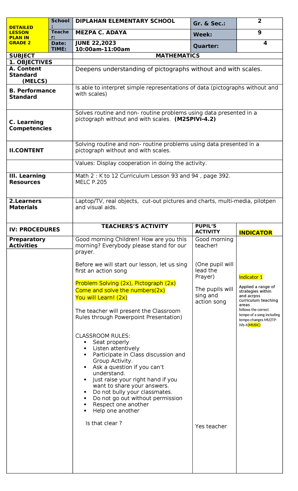 DLP - Grade 2 Mathematics Lesson Plan for Classroom Observation - Studocu