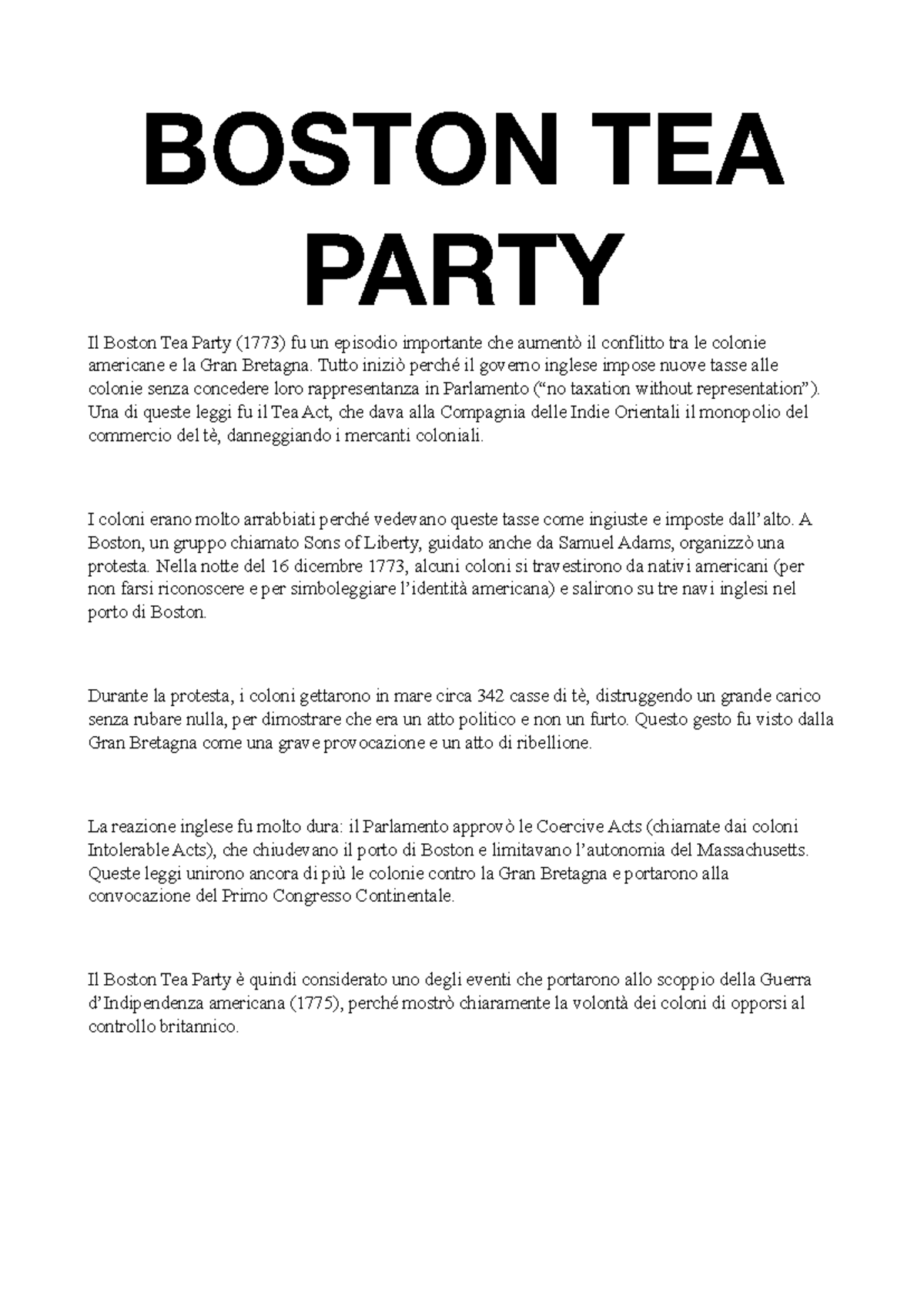 BOST 101: Boston Tea Party - Un Atto di Ribellione (1773) - Studocu