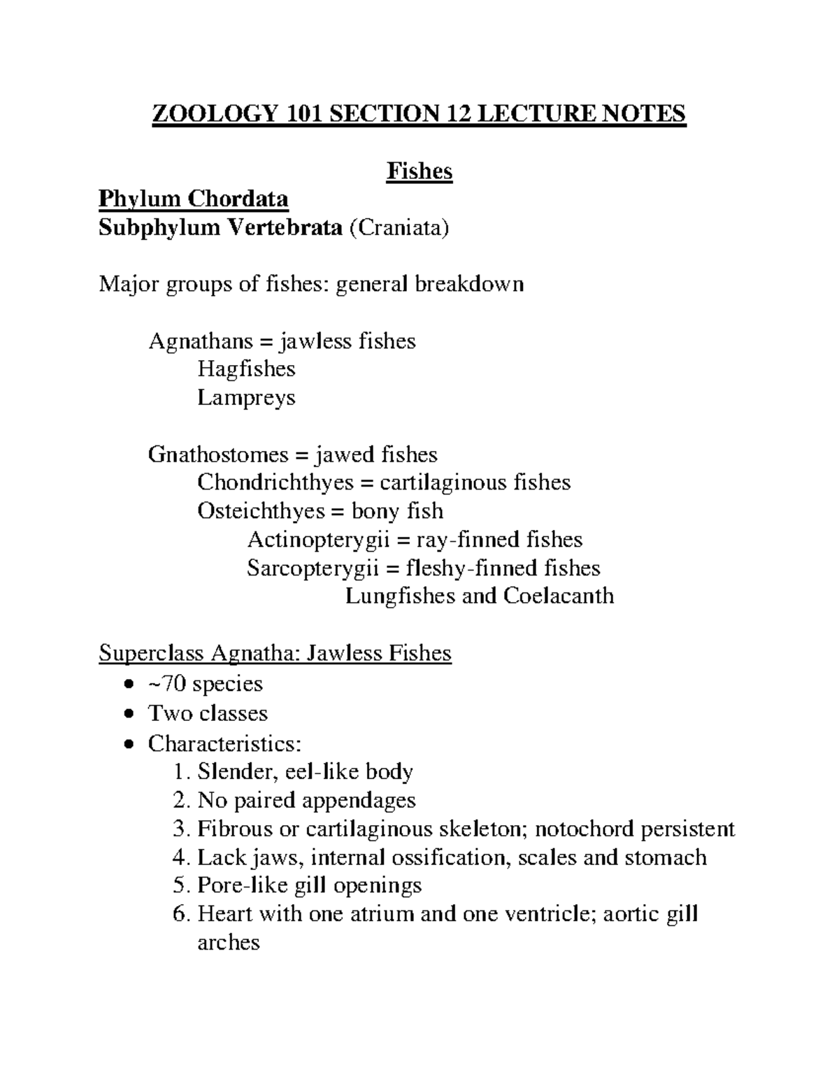 Zoology 101 Section 12 Lecture Notes: Classifications of Fishes - Studocu