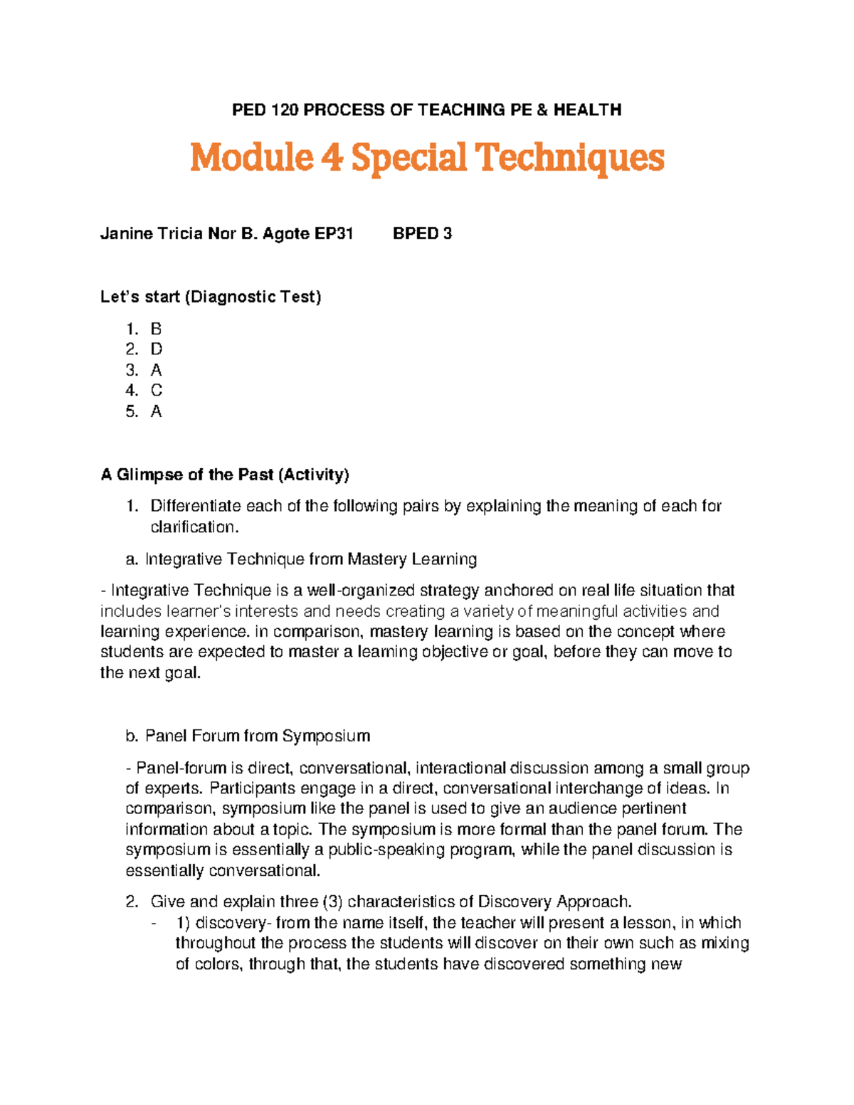 PE & Health Teaching Techniques - Module 4 (PED 120) - Studocu