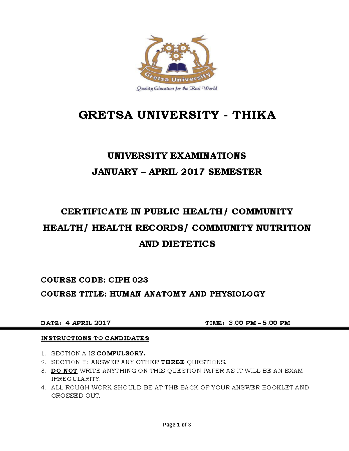 CIPH 023 Human Antomy AND Physiology - Page 1 of 3 GRETSA UNIVERSITY ...
