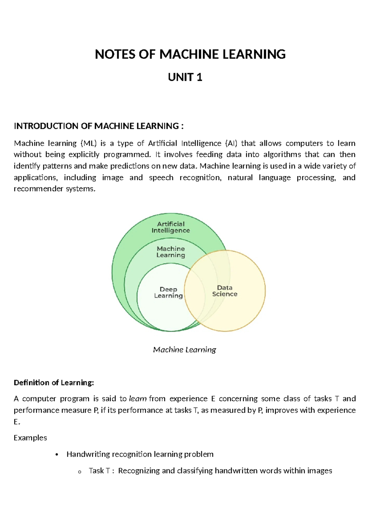 TWO Units OF Notes ON Machine Learning - NOTES OF MACHINE LEARNING UNIT ...