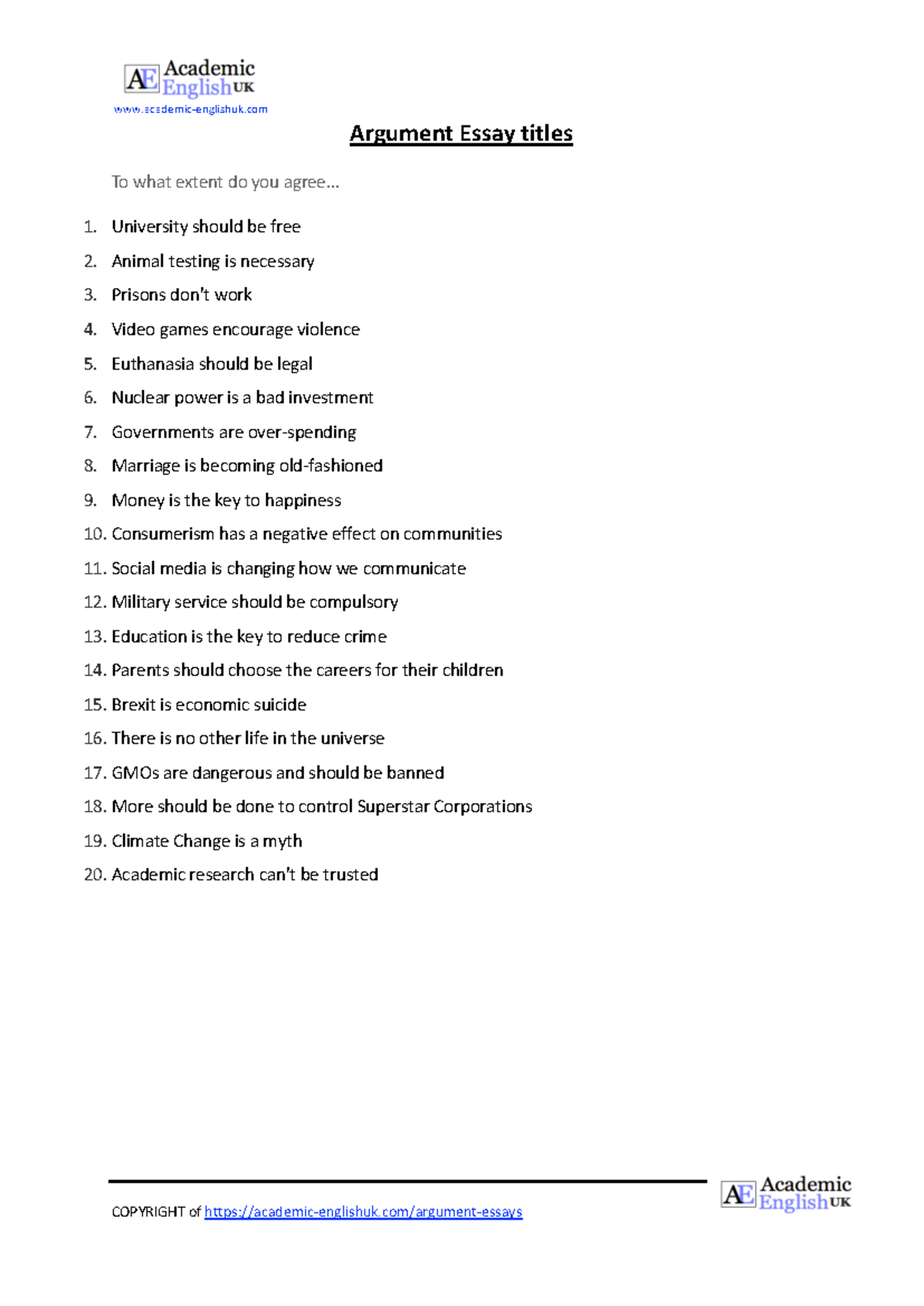 Argument Essay Titles for AEUK: Exploring Key Issues - Studocu