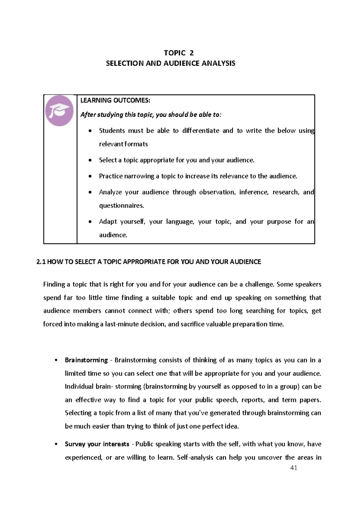 Selection and Audience Analysis - Topic 2 - Studocu