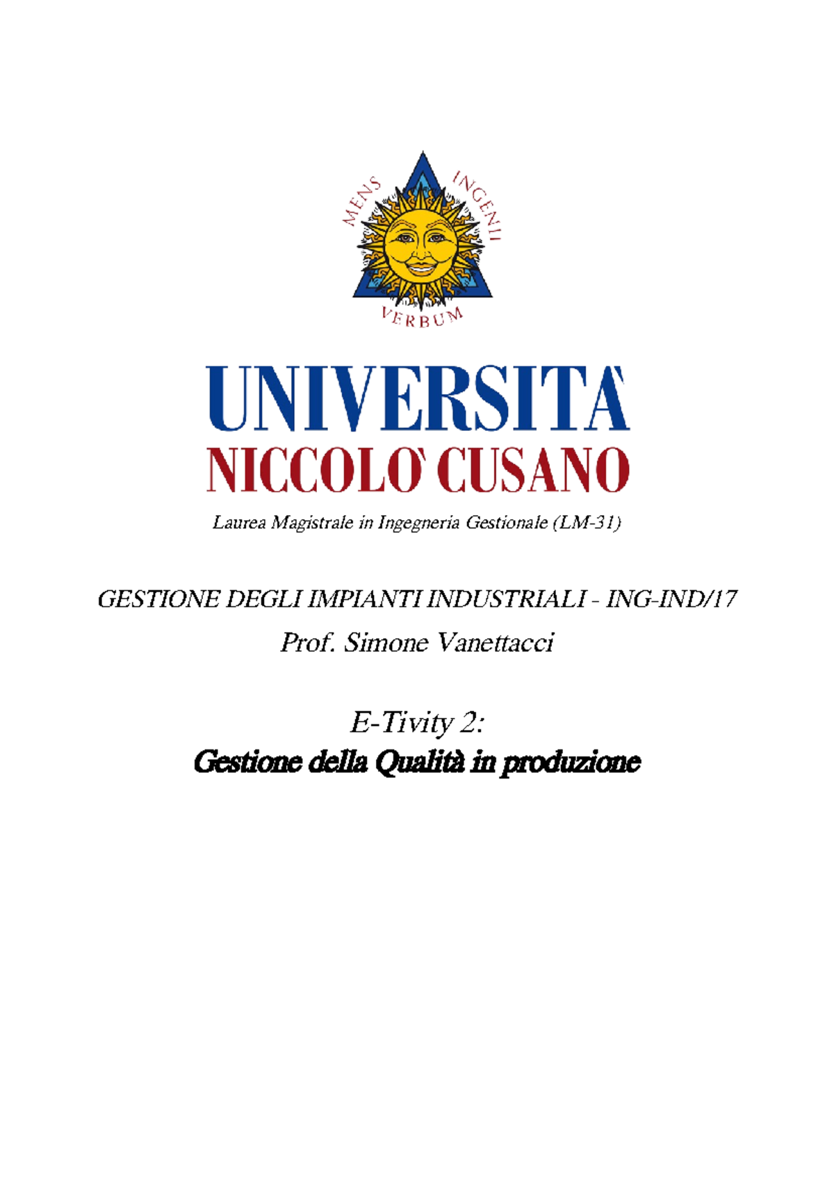 E-Tivity 2: Gestione della Qualità in Produzione - LM31 - Studocu