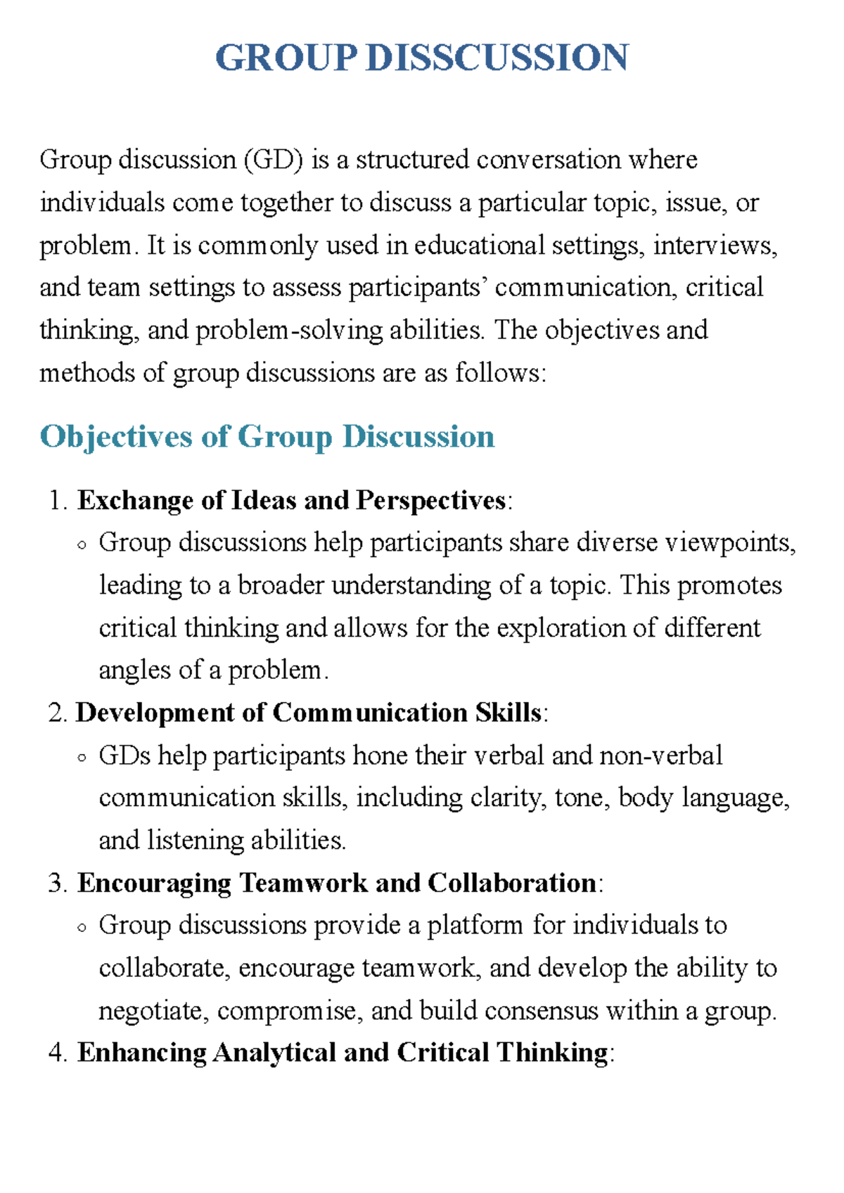 GROUP DISCUSSION (GD) METHODS AND EFFECTIVE STYLES - Studocu