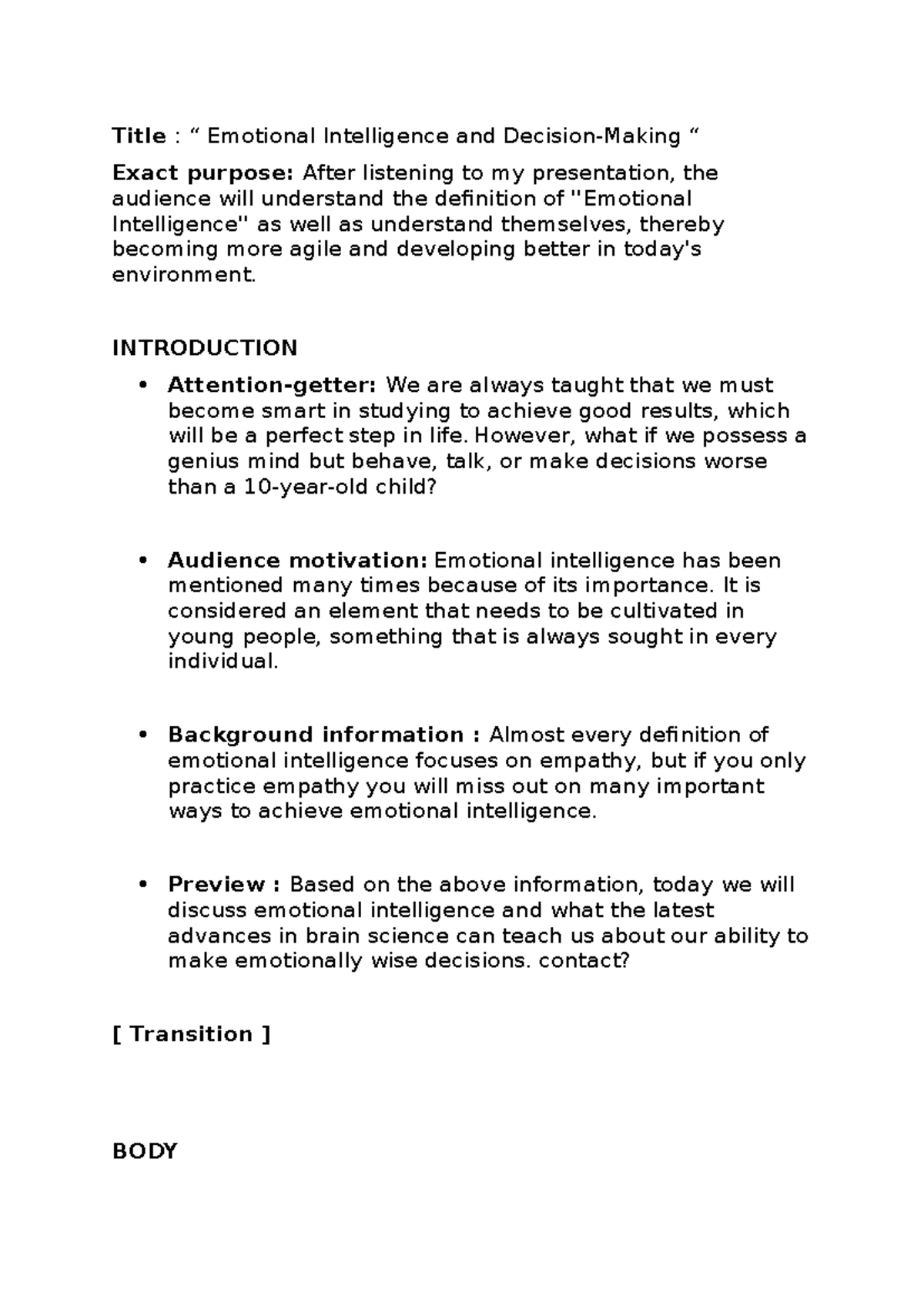 Layout Public Speaking - Title : “ Emotional Intelligence and Decision ...