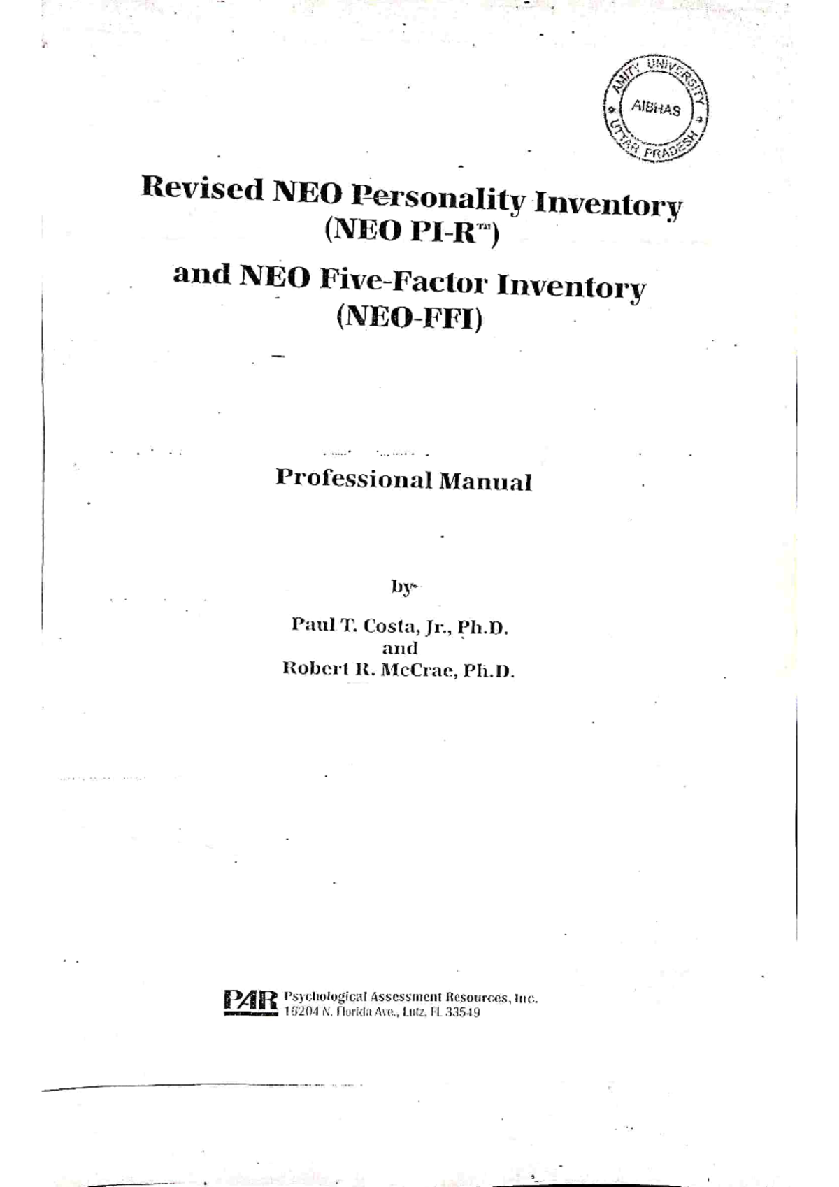 Comprehensive Manual for the Neo-FFI Assessment Tool - Studocu