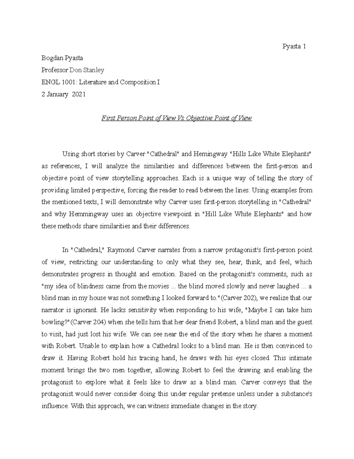 ENGL1001 Essay on Point of View: Carver & Hemingway Analysis - Studocu