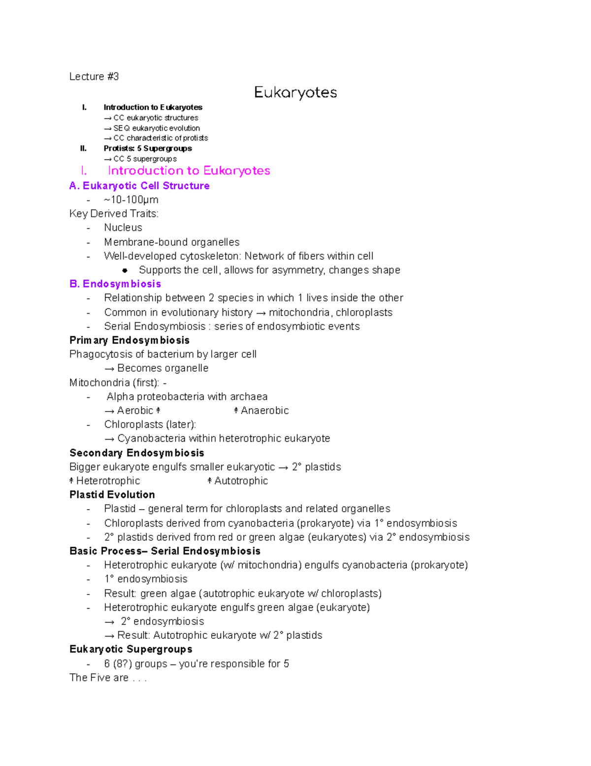 Eukaryotes - Lecture Notes on Structure, Evolution & Supergroups - Studocu