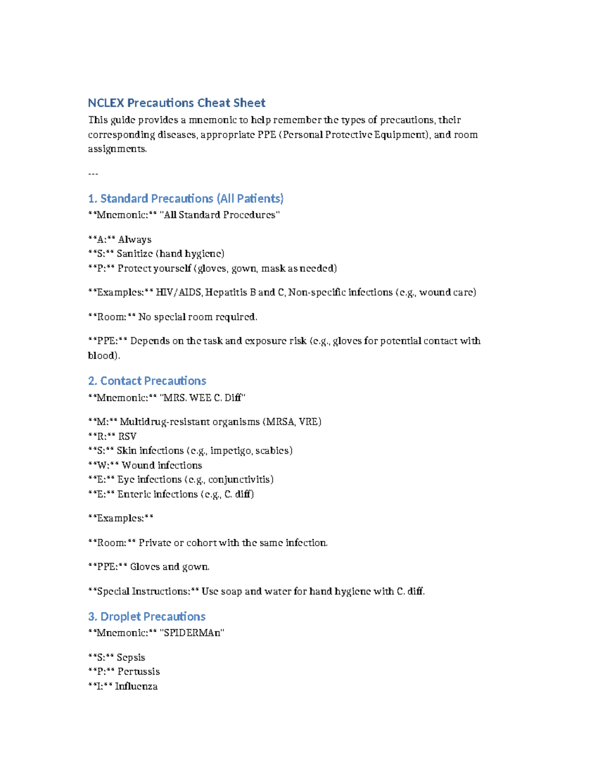 NCLEX Precautions Cheat Sheet: Mnemonics & PPE Guidelines for Nurses ...