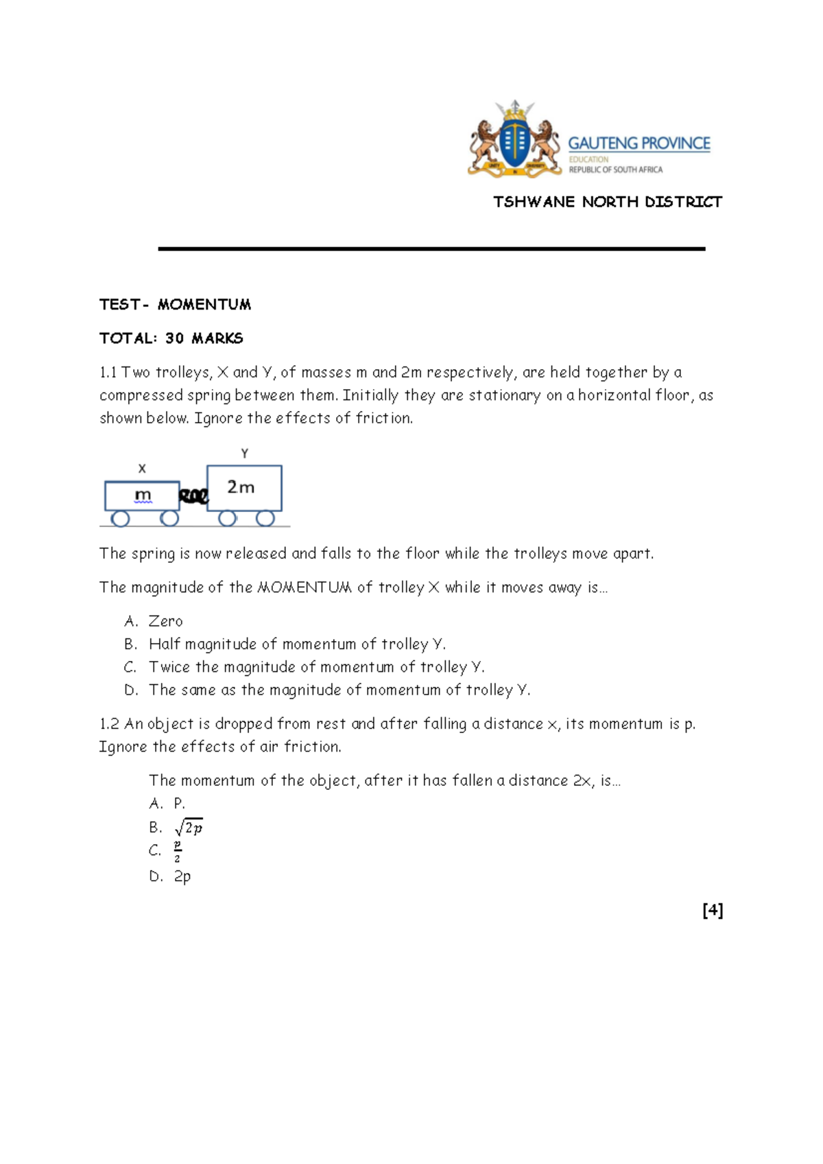 Momentum Test 1: Physics Concepts and Calculations - Studocu