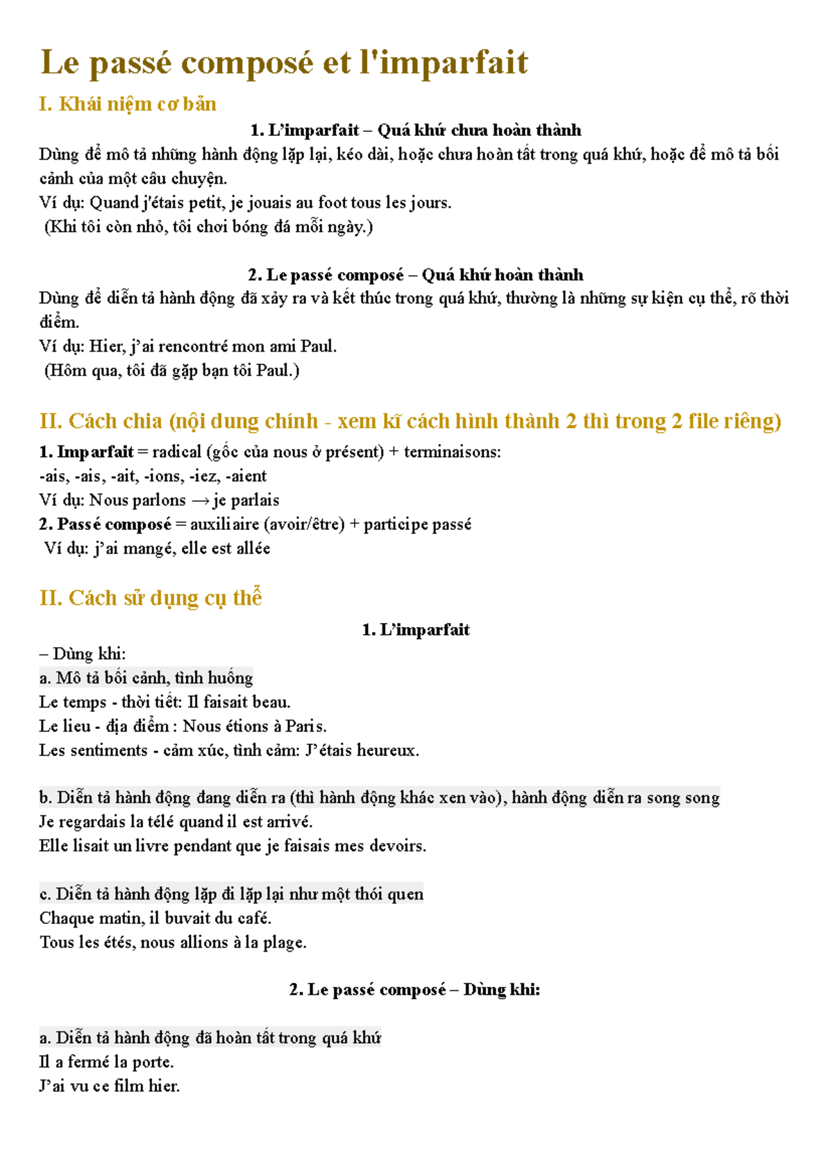 Le passé composé et l'imparfait: Concepts de base et exemples - Studocu