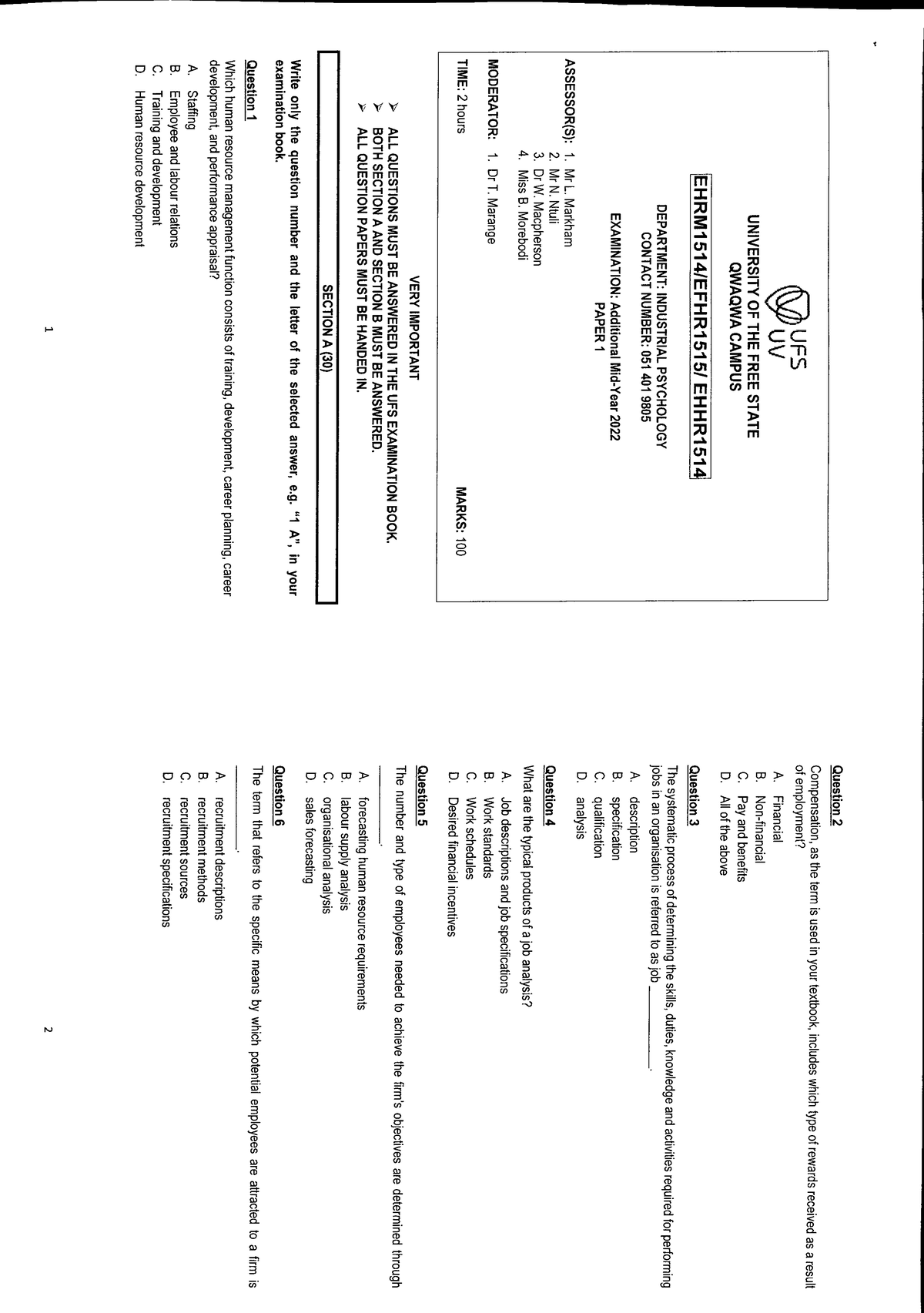 UFS EHHR1514 Human Resource Management Past Exam Questions 2022 - Studocu