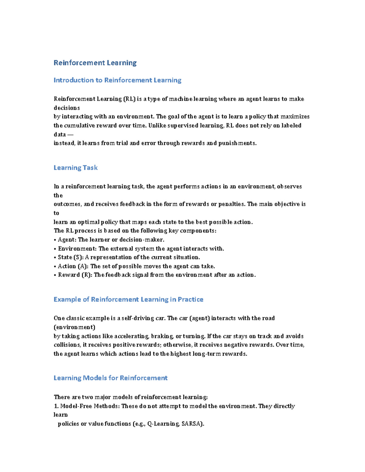 MLT BCS055 Unit 5: Introduction to Reinforcement Learning - Studocu