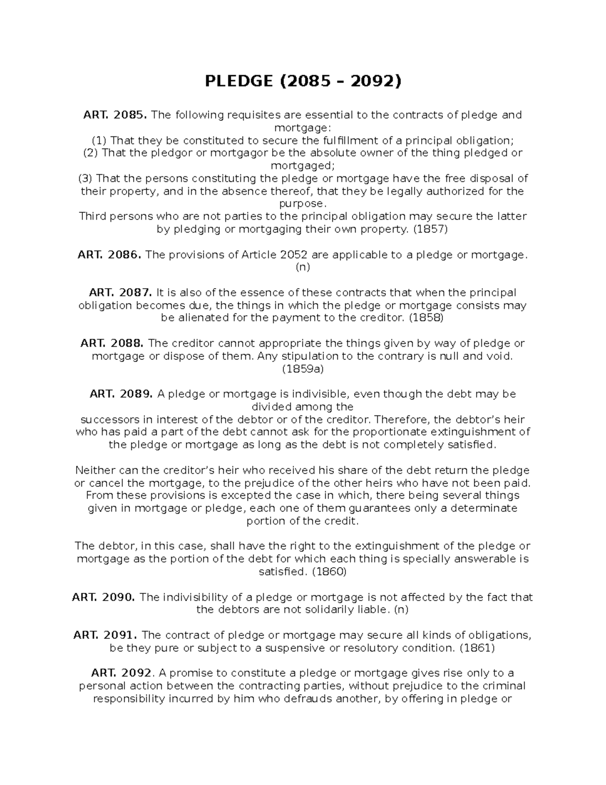 Pledge & Mortgage: Essential Articles Overview (2085-2131) - Studocu