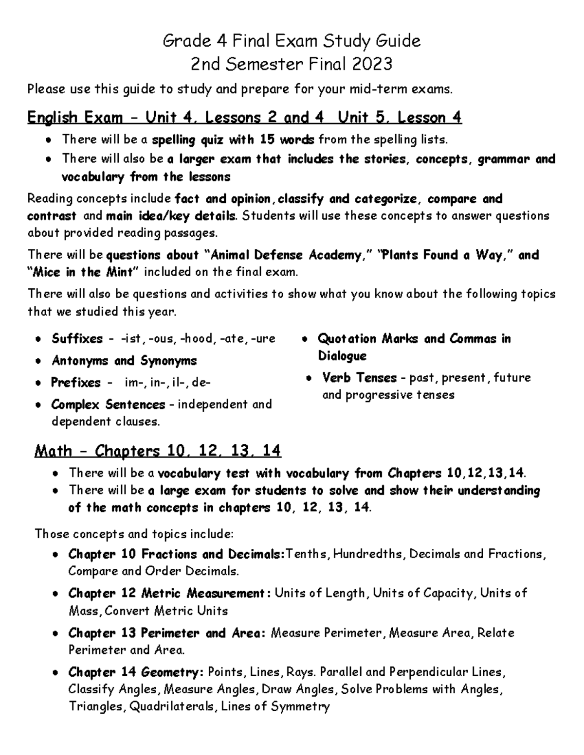 G4 2nd Semester Final Exam Study Guide - Comprehensive Review 2023 - Studocu