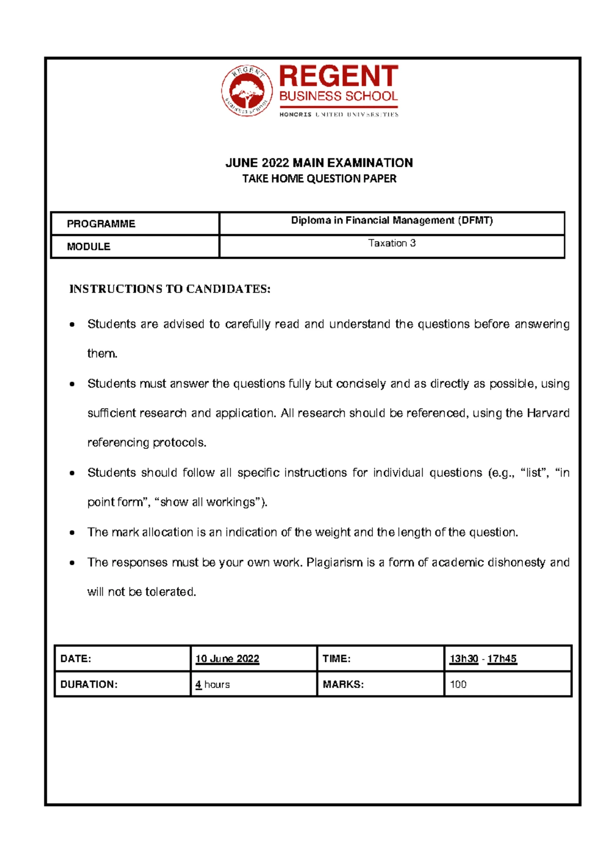 DFMT Taxation 3 - Nov 2021 Take Home Assessment Questions - Studocu