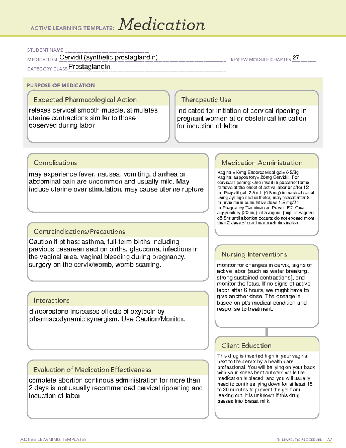 Cervidil Medication Active Learning Template: Therapeutic Procedure A ...
