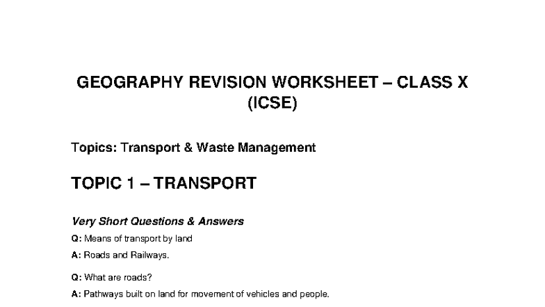 Geography Revision: Transport & Waste Management Class 10 (ICSE) - Studocu