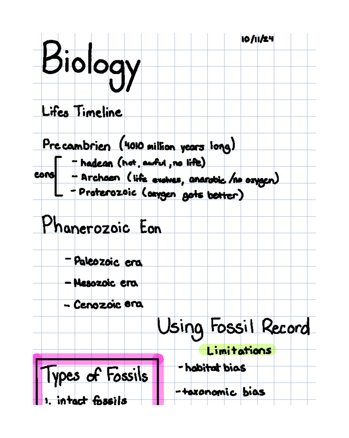 Biology Notes: Evolution Timeline and Fossil Record Overview - 10 11 24 ...