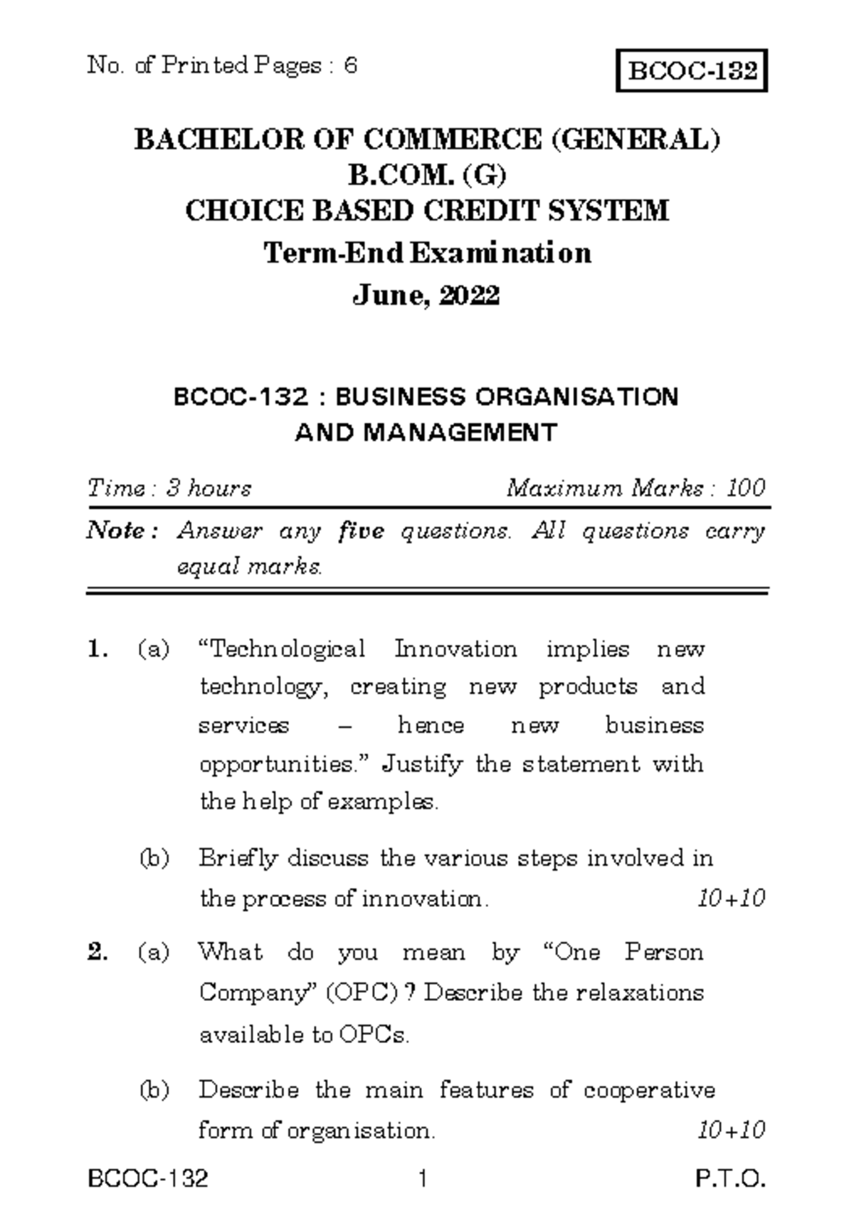 BCOC-132 Business Organisation & Management Previous Year Paper - Studocu