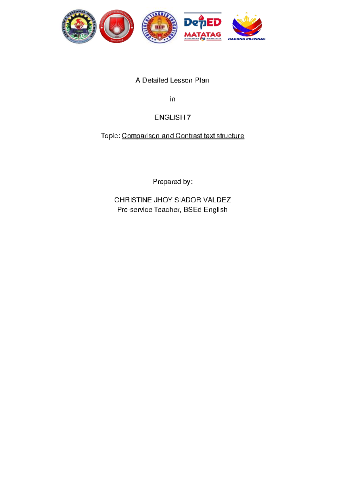 Detailed Lesson Plan: Comparison and Contrast in ENGLISH 7 by Christine ...