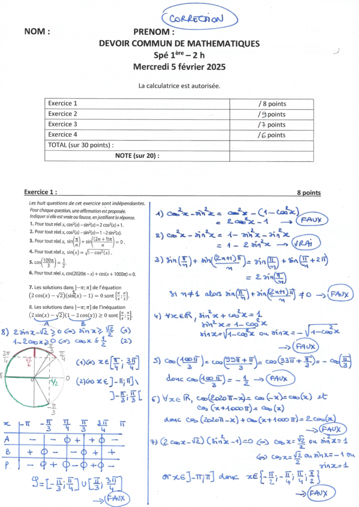 Corrigé DT SPE 1ERE 05 - hey - CORRECTION NOM PRENOM DEVOIR COMMUN DE MATHEMATIQUES Spé Mercredi ...