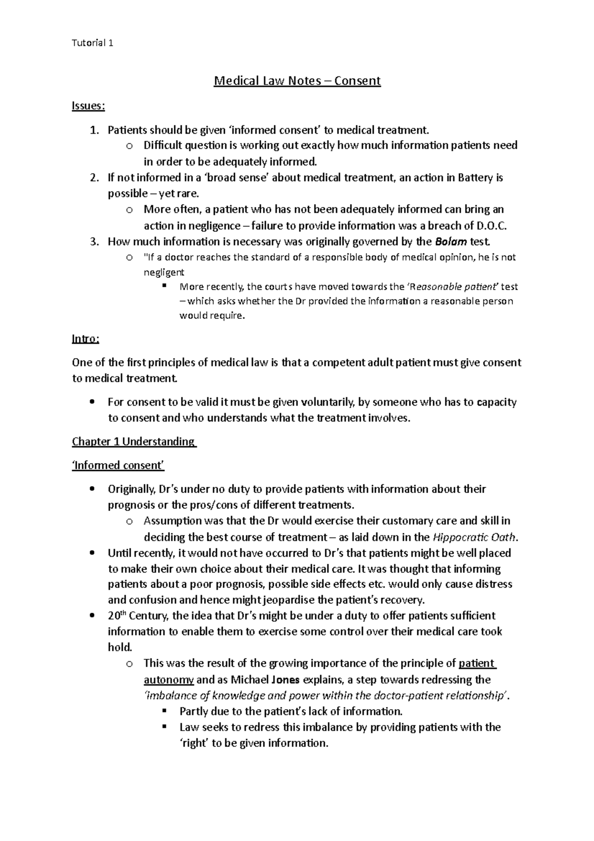 Medical Law Notes: Informed Consent & Patient Autonomy - Tutorial 1 ...