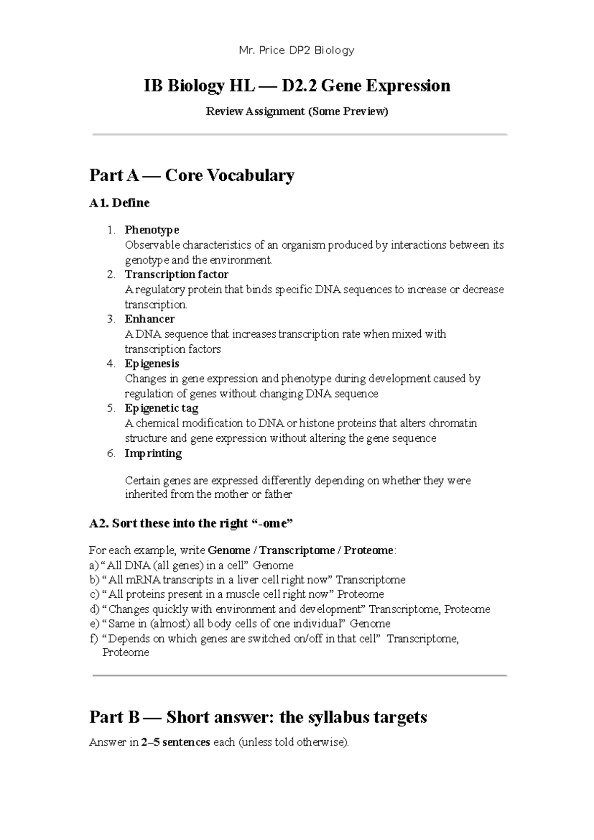 Mr. Price DP2 Biology HL D2.2 Gene Expression Review Assignment - Studocu