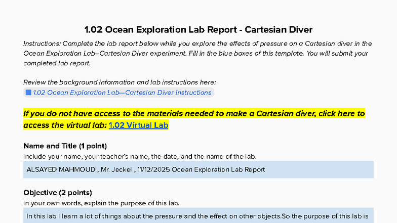 1.02 Ocean Exploration Lab Report: Cartesian Diver Experiment - Studocu