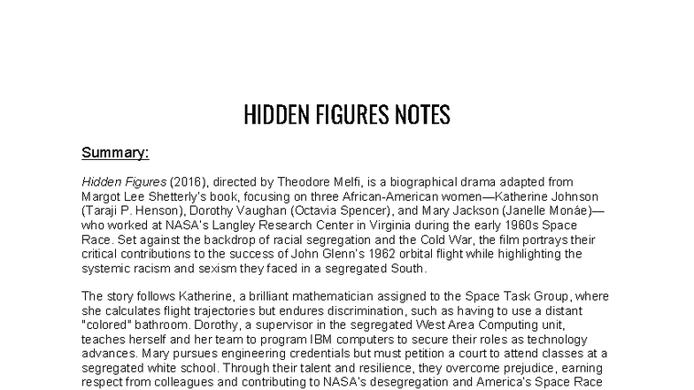 HIDDEN FIGURES (2016) - Summary and Character Analysis Notes - Studocu