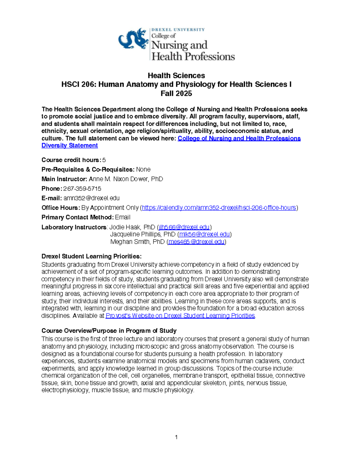 HSCI 206: Human Anatomy & Physiology Syllabus - Fall 2025 - Studocu