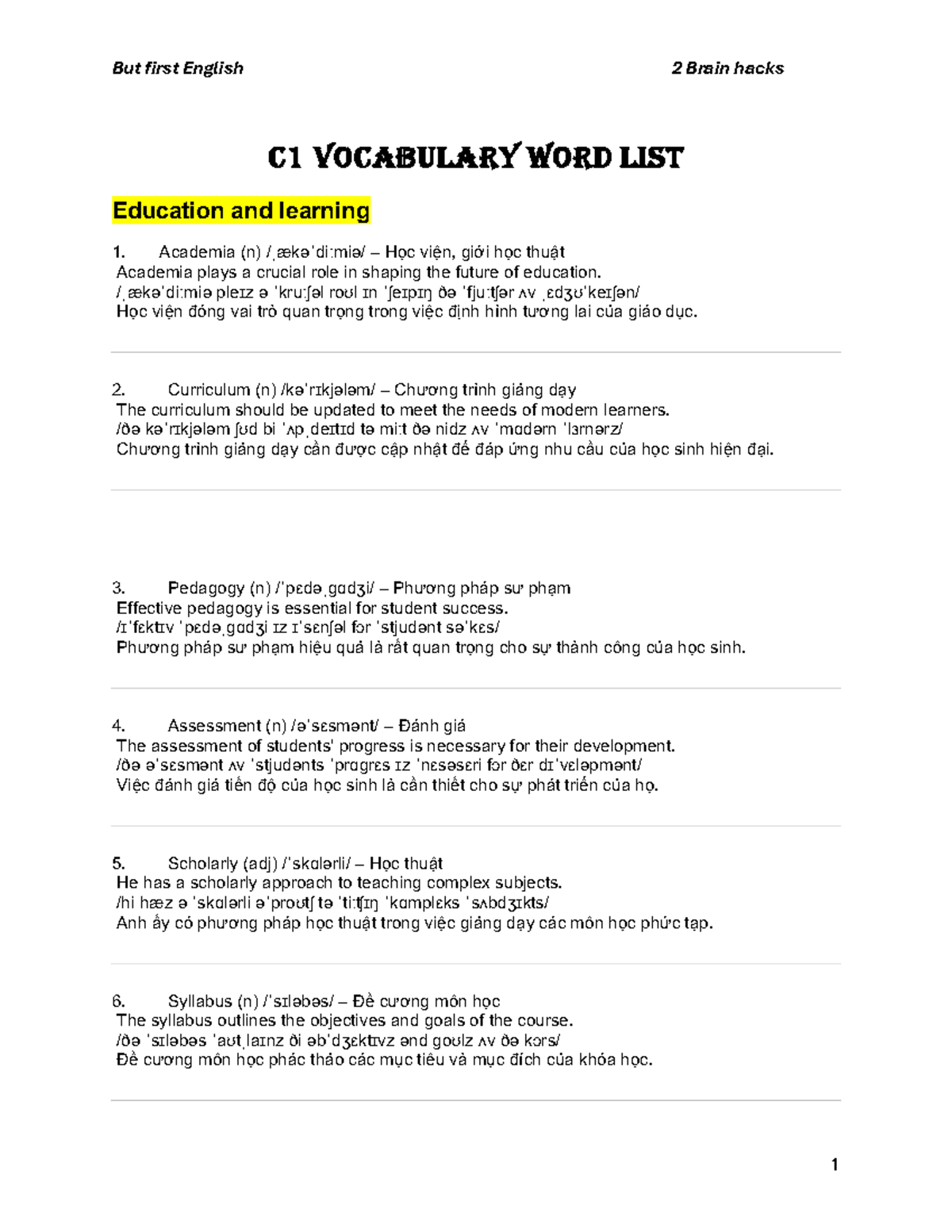 C1 Vocabulary Word List for English 2: Brain Hacks and Learning - Studocu