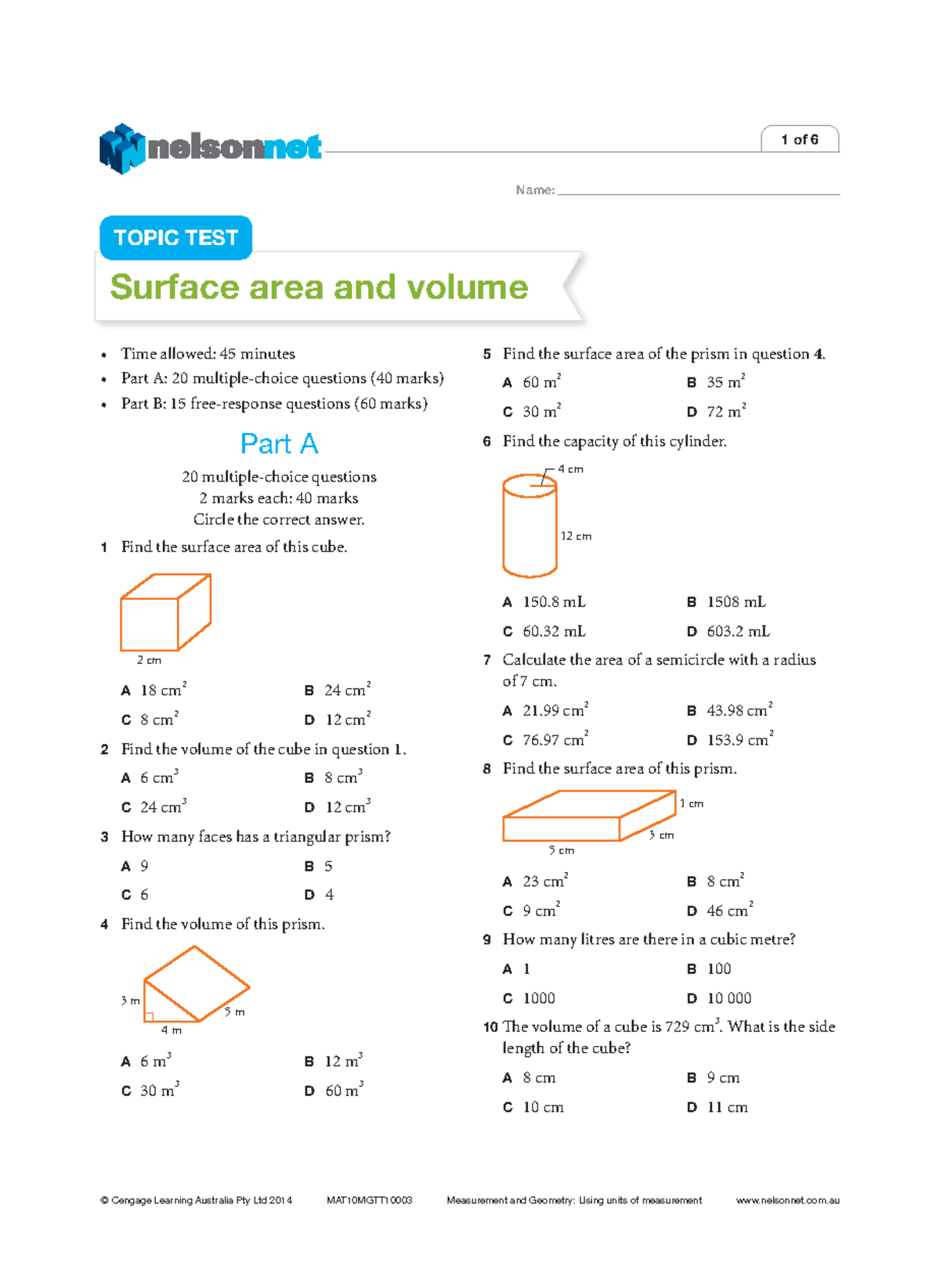 Maths TST - Surface Area & Volume Practice Questions - Studocu