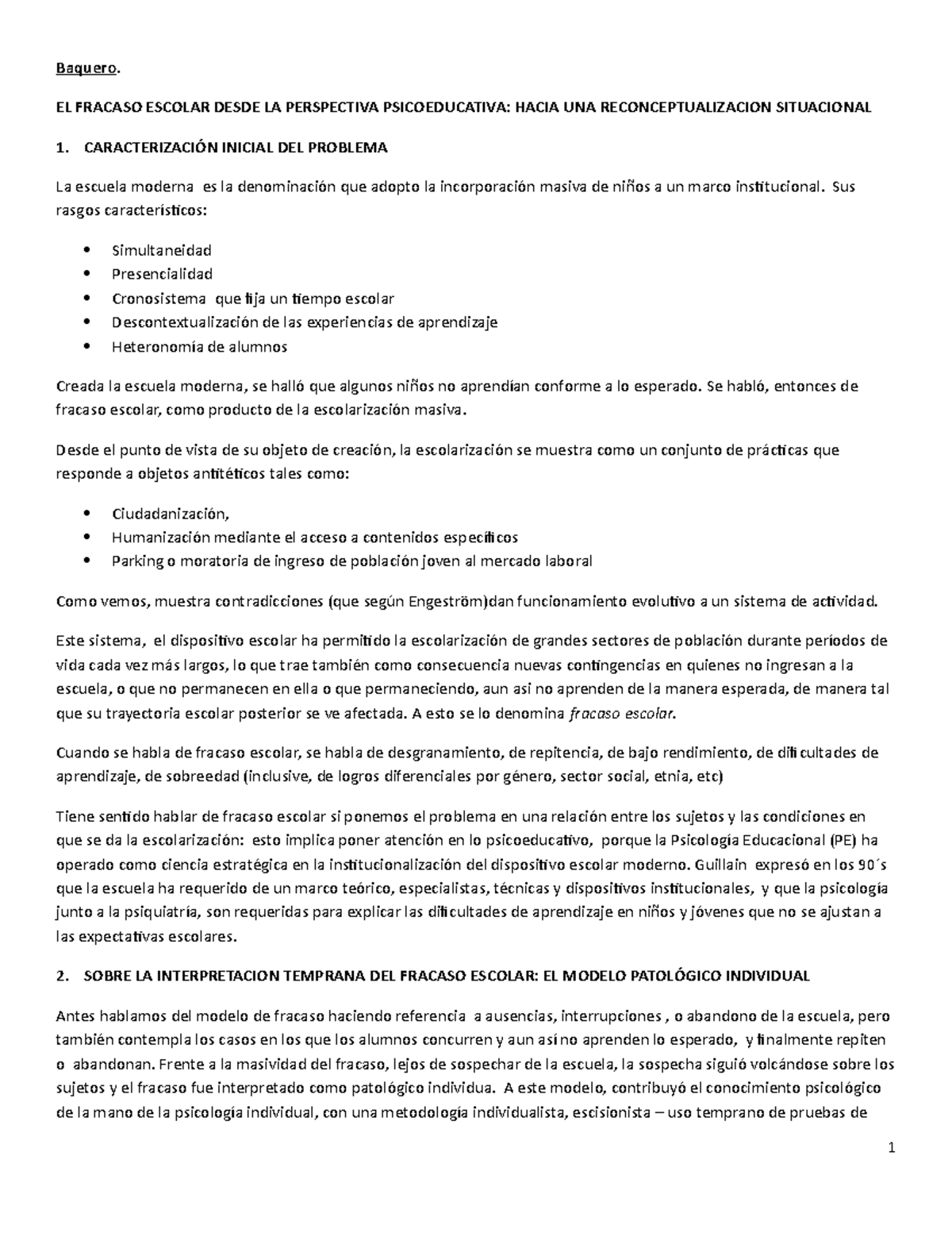 Resumen del fracaso escolar Baquero - Baquero. EL FRACASO ESCOLAR DESDE LA PERSPECTIVA - Studocu