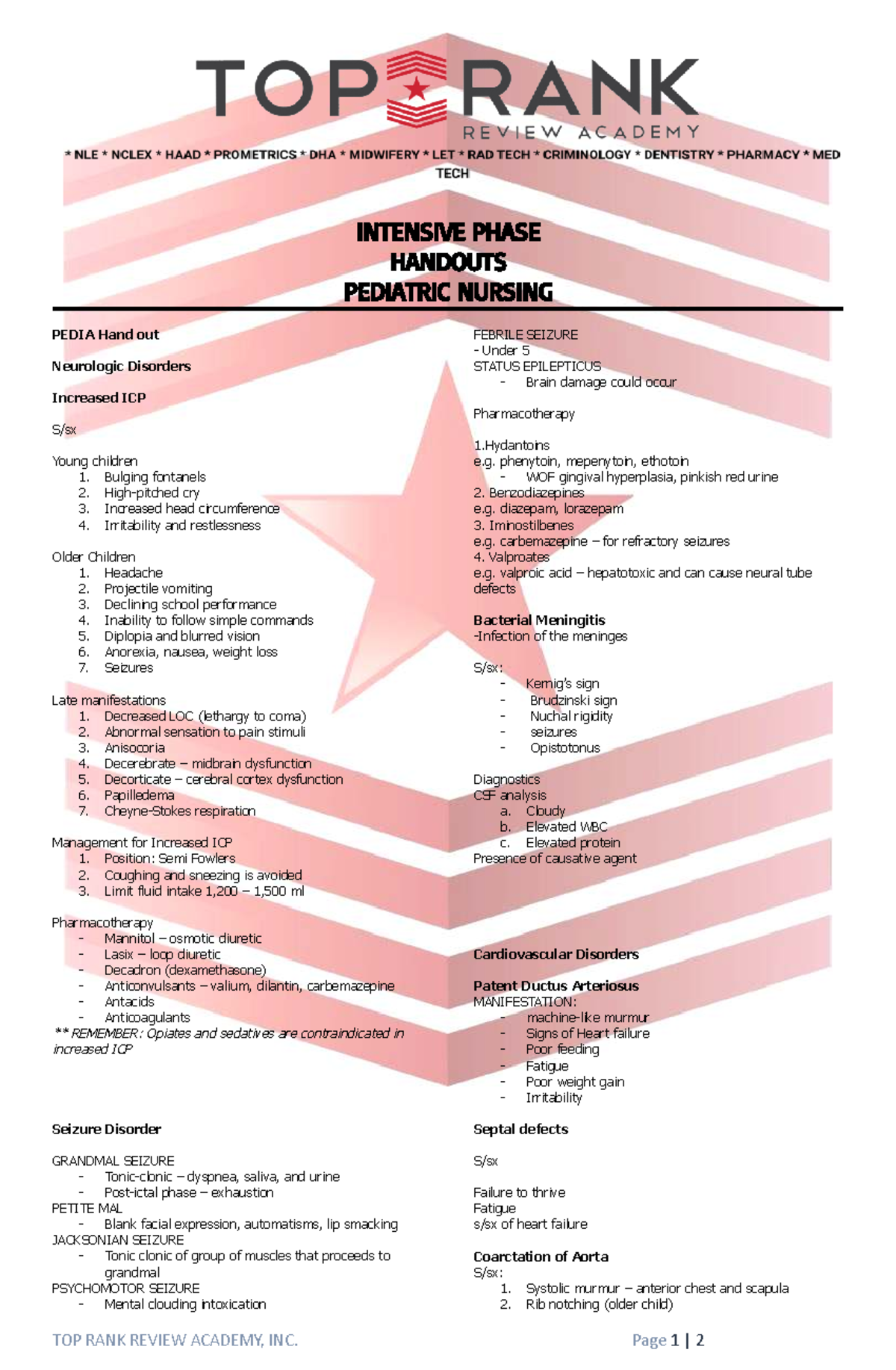 Pediatric(handout) - Reviewer - INTENSIVE PHASE HANDOUTS PEDIATRIC ...