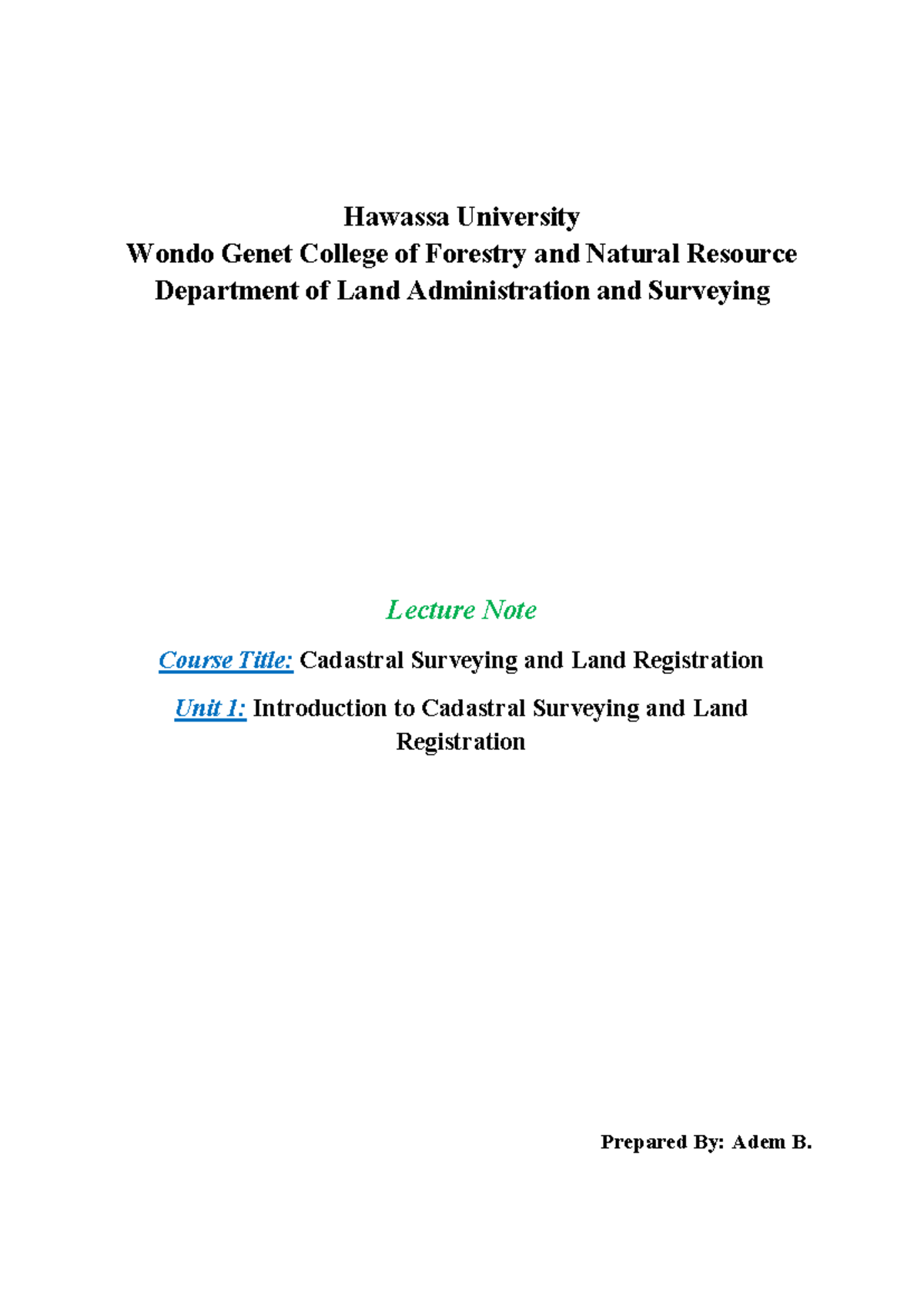 Cadastral Surveying & Land Registration: Lecture Notes - Unit 1 - Studocu