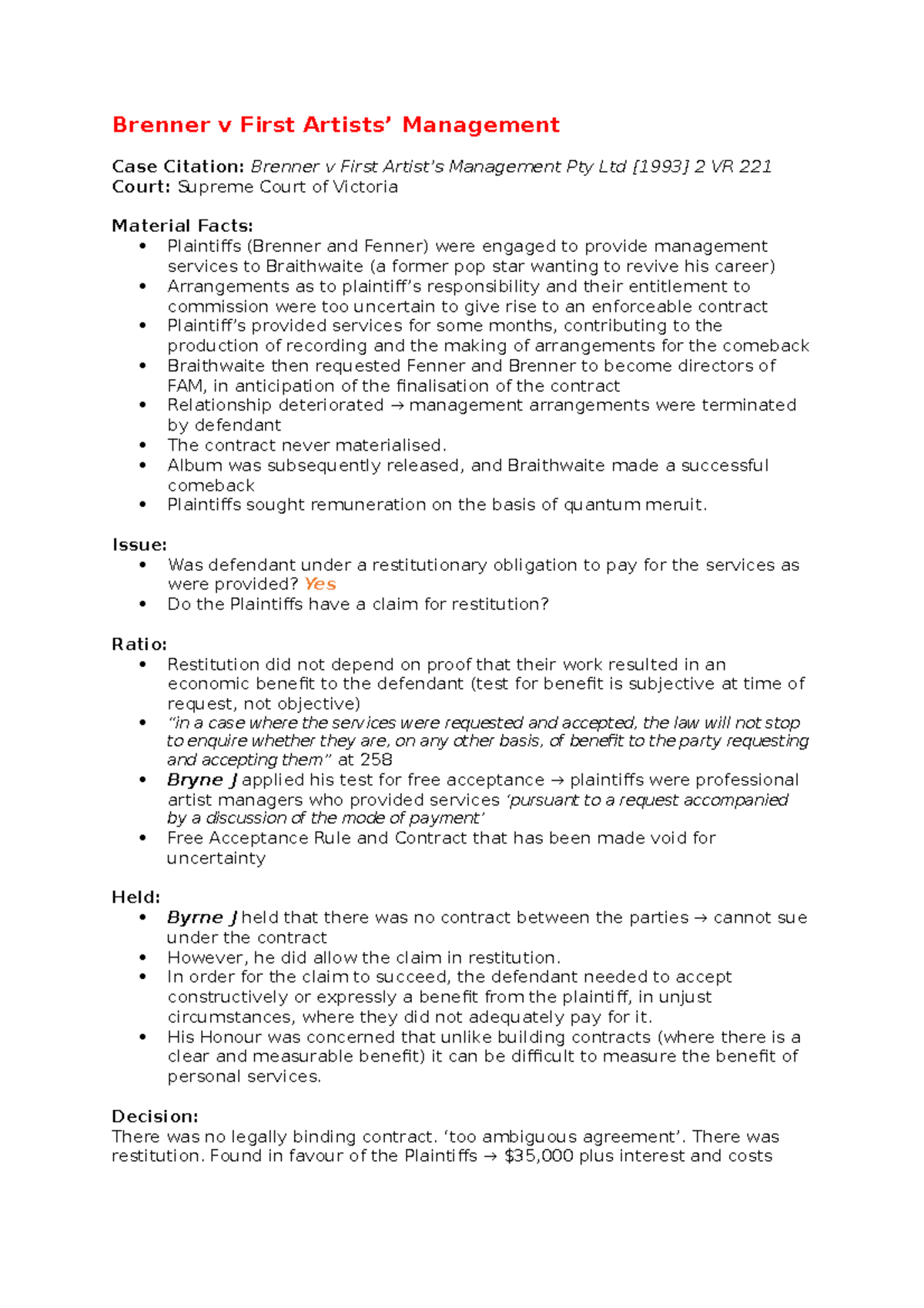 Brenner v First Artists Management (1993) Case Summary & Analysis - Studocu