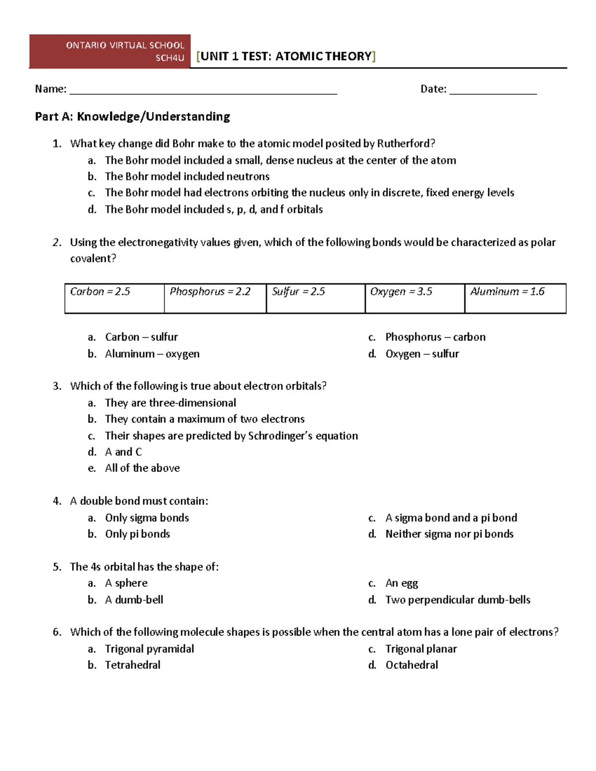 SCH4U Unit 1 Test: Understanding Atomic Theory Concepts - Studocu