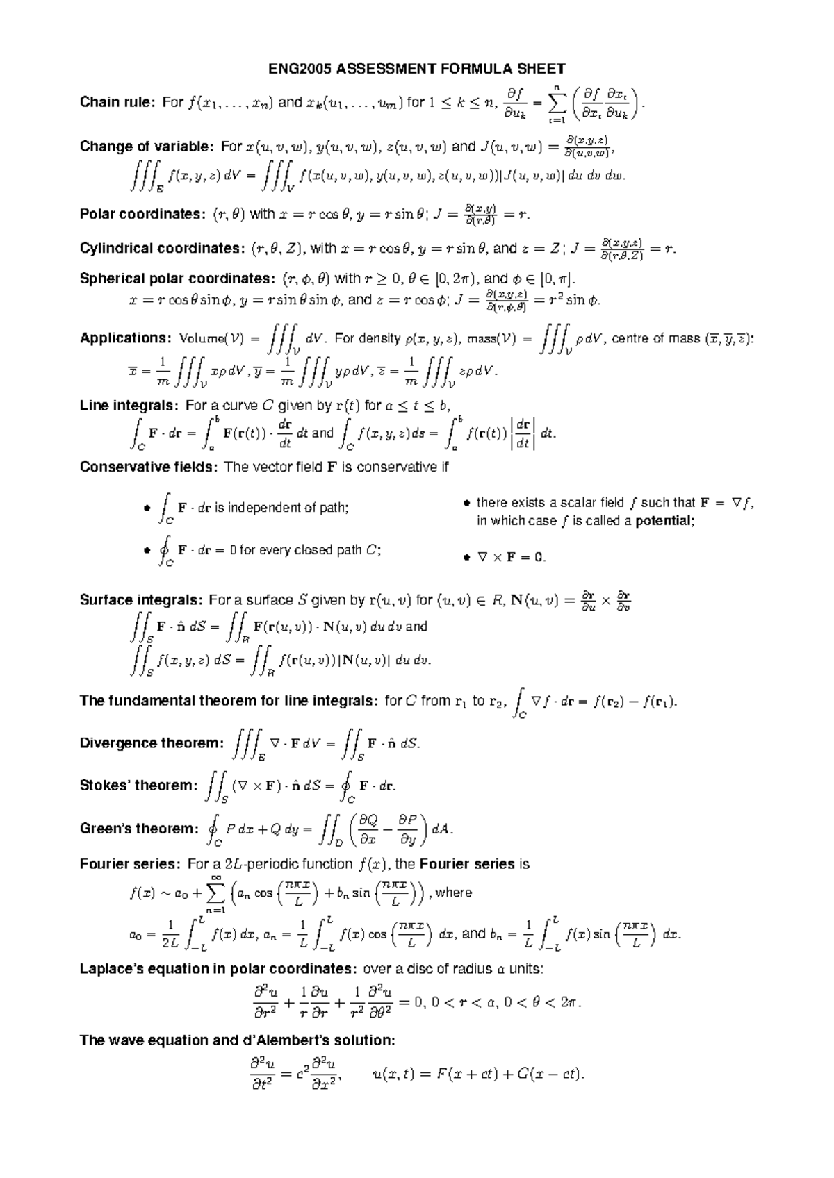 ENG2005 AUTHORIZED ASSESSMENT FORMULA SHEET - Studocu