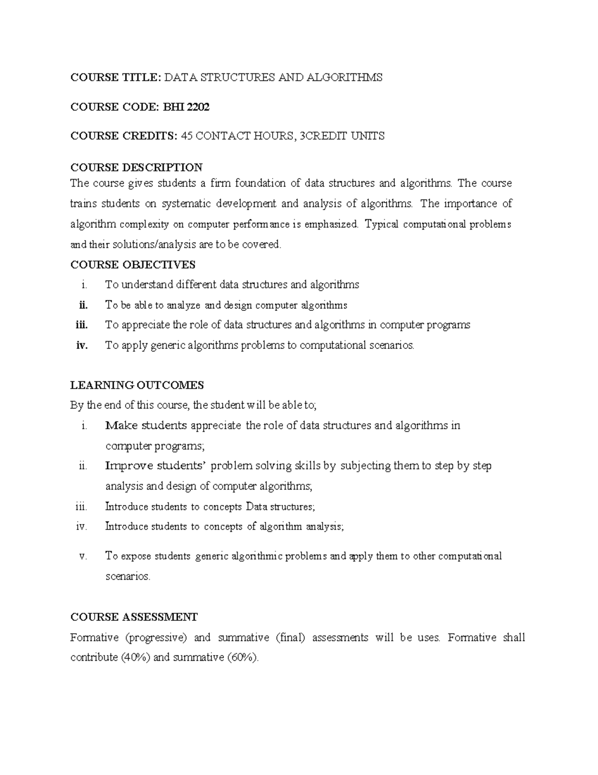 Data Structures and Algorithms Course Guide - BHI 2202 - Studocu