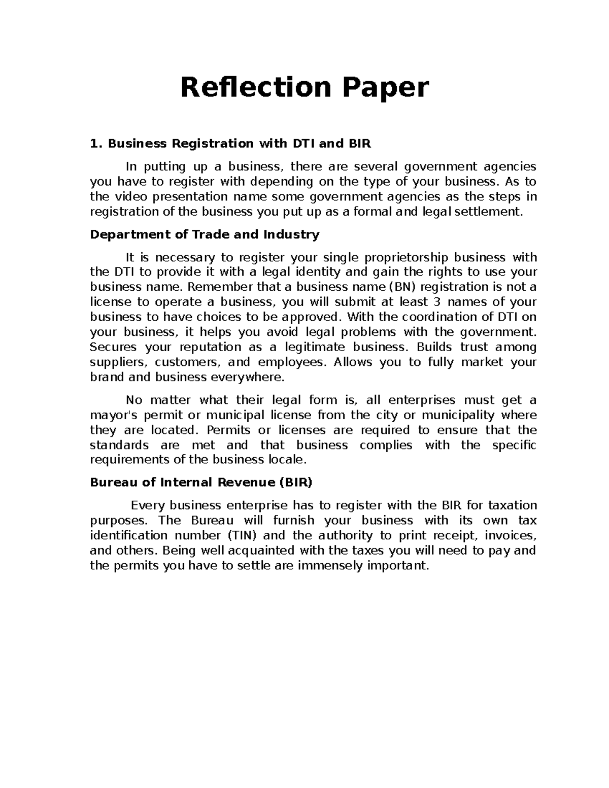 Reflection Paper - Activity guide - Reflection Paper Business ...
