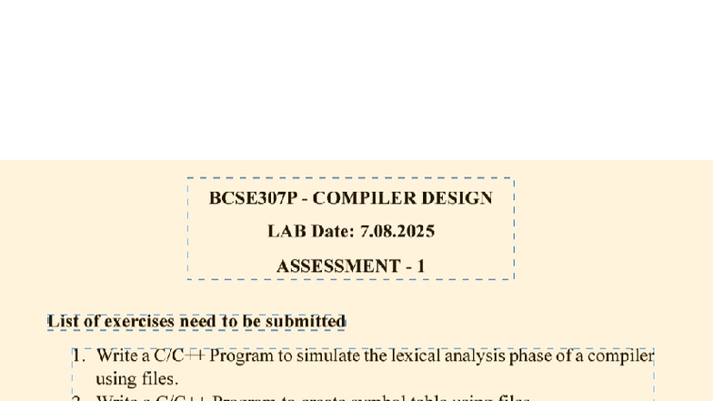 BCSE307P Compiler Design Lab Assessment 1 Exercises List - Studocu