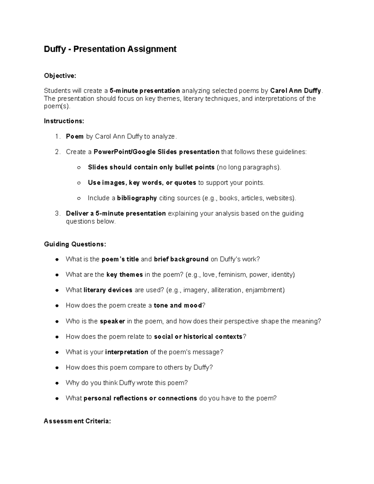 Duffy - Poetry Analysis Presentation Assignment Guidelines - Studocu