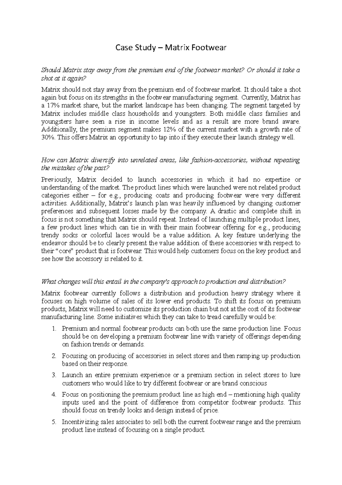 Matrix Footwear - MM Case Study on Premium Market Opportunities - Studocu