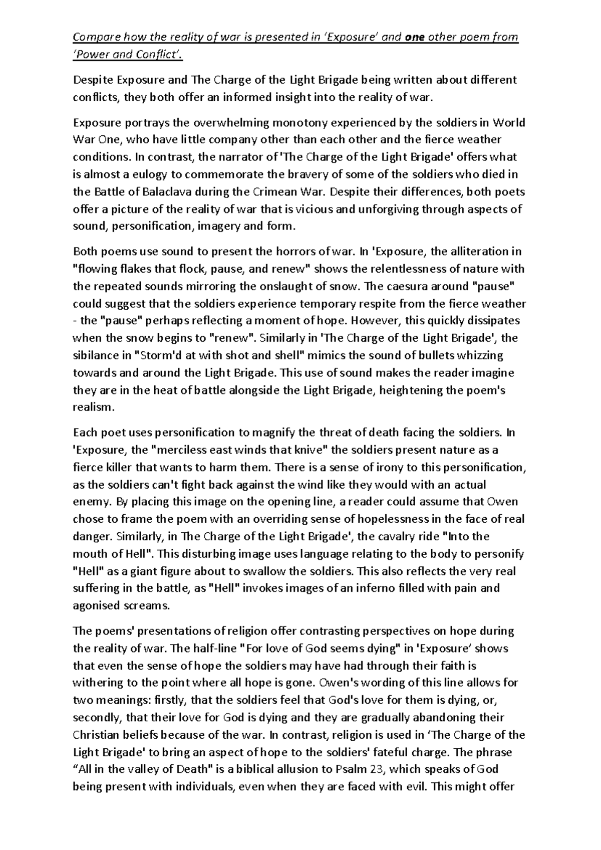 Grade 9 Essay: War Realities in ‘Exposure’ and ‘Charge of the Light ...