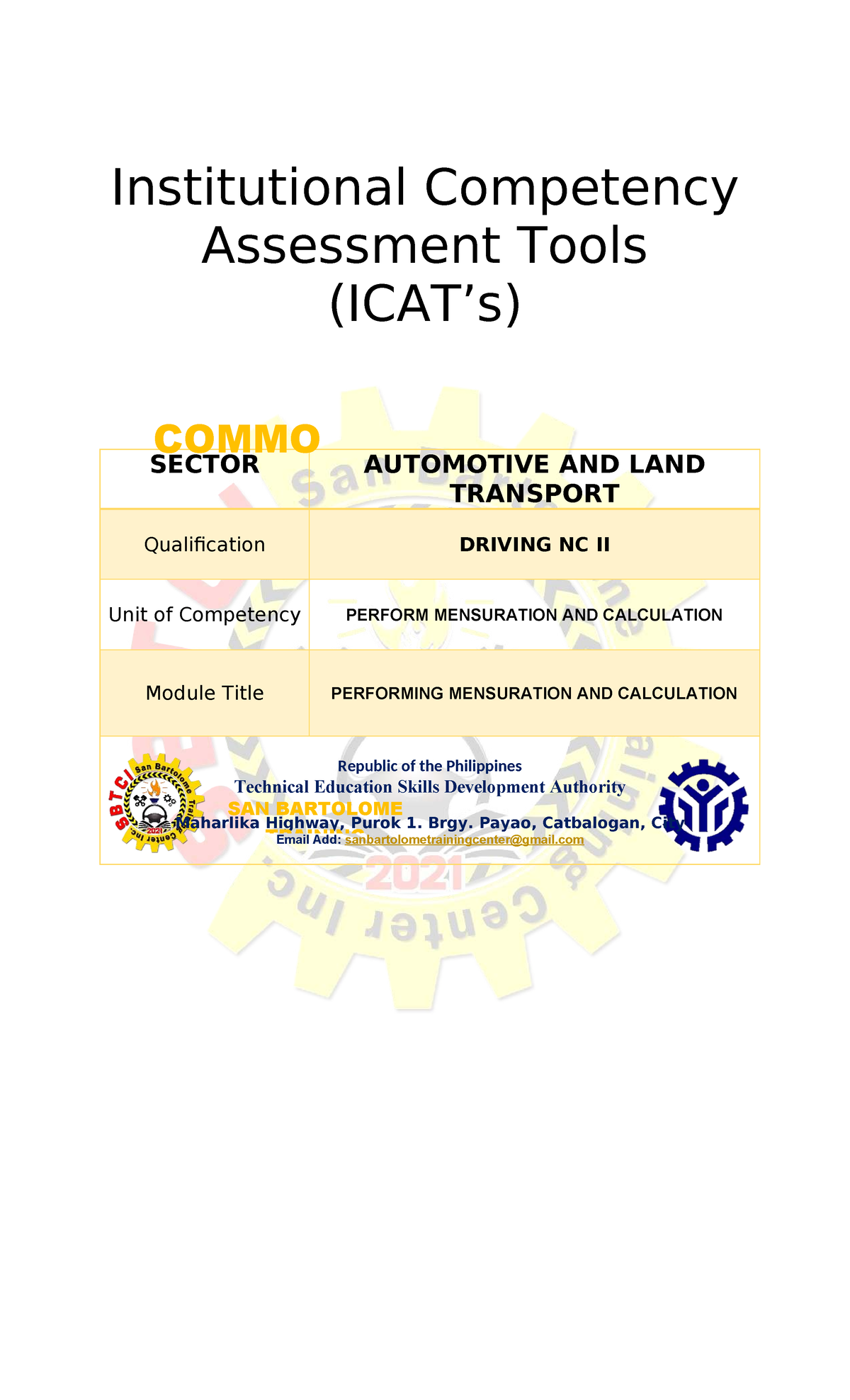 ICAI Common 1 - Driving NC II Modules: Mensuration & Calculation Guide - Studocu